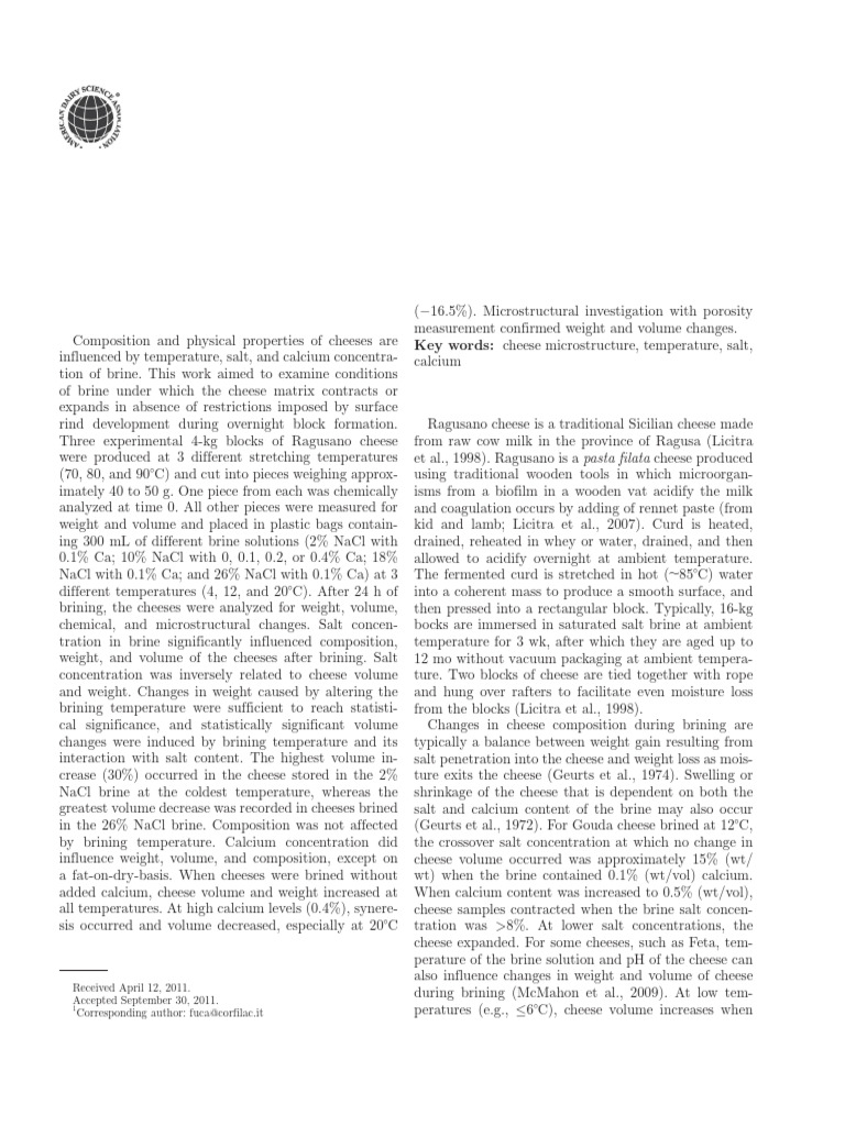 Effect of Brine Composition and Brining Temperature On Cheese Physical ...