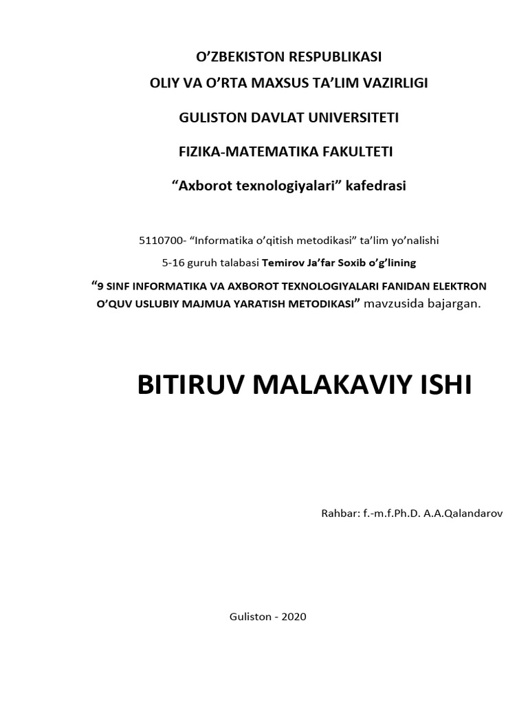 Bitiruv Malakaviy Ishi: O'Zbekiston Respublikasi Oliy Va O'Rta Maxsus ...