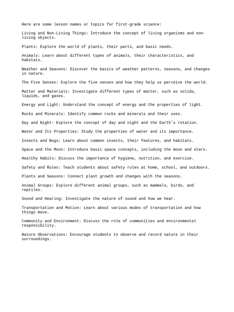 Science Class 1 Topics | PDF