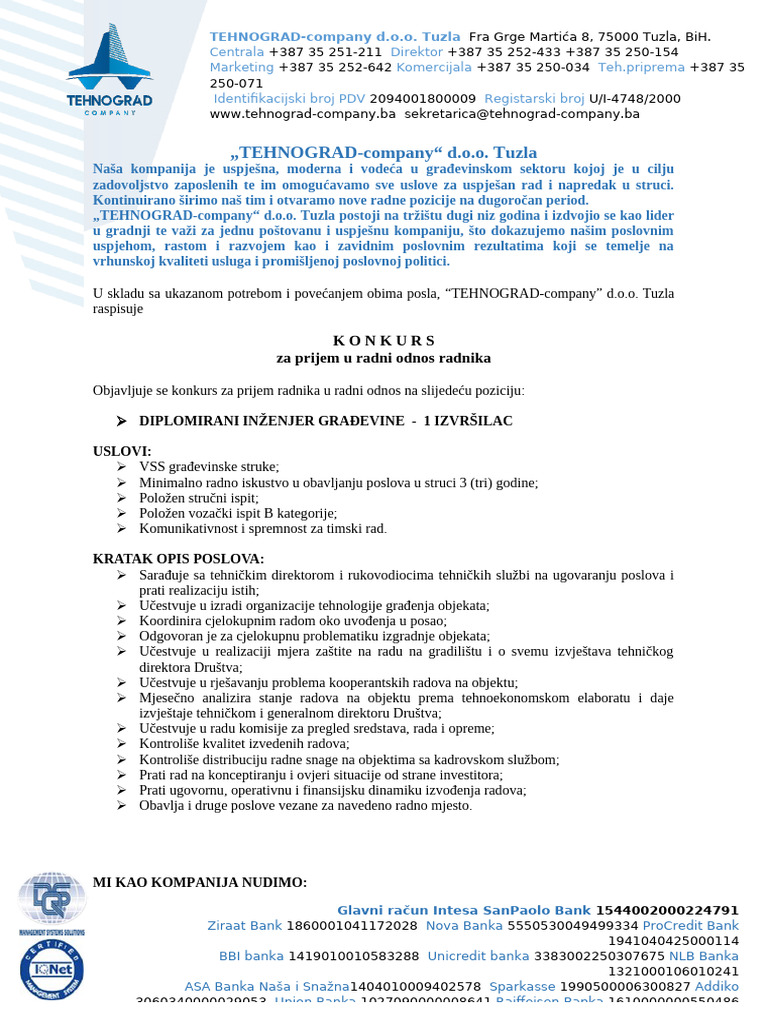 TEHNOGRAD Konkurs Za Prijem Dipl - Ing - .Gradjevine Avgust 2024. 1 | PDF