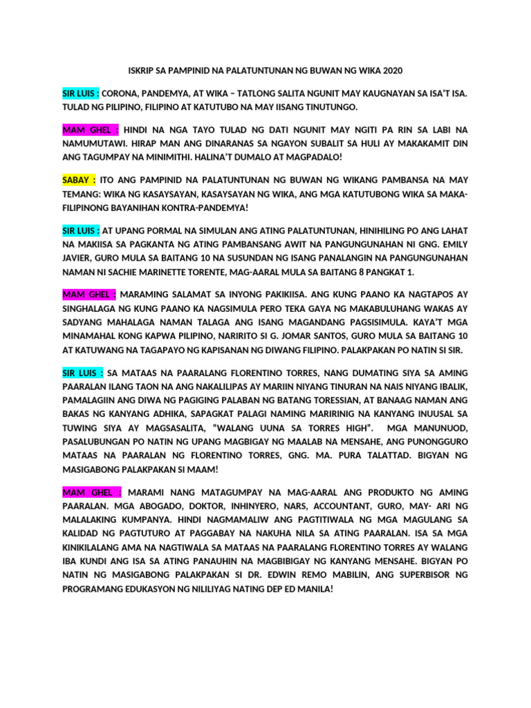 Iskrip Sa Pampinid Na Palatuntunan NG Buwan NG Wika 2020 | PDF