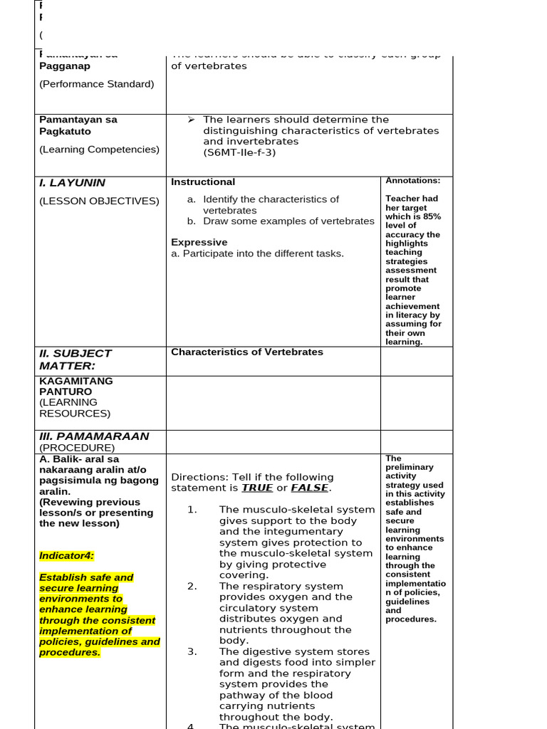 Characteristics of Vertebrates Lesson | PDF | Learning | Pedagogy