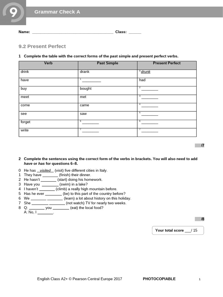 Eca2 Tests Grammar Check 9 2a Pdf Languages Foreign Language Studies
