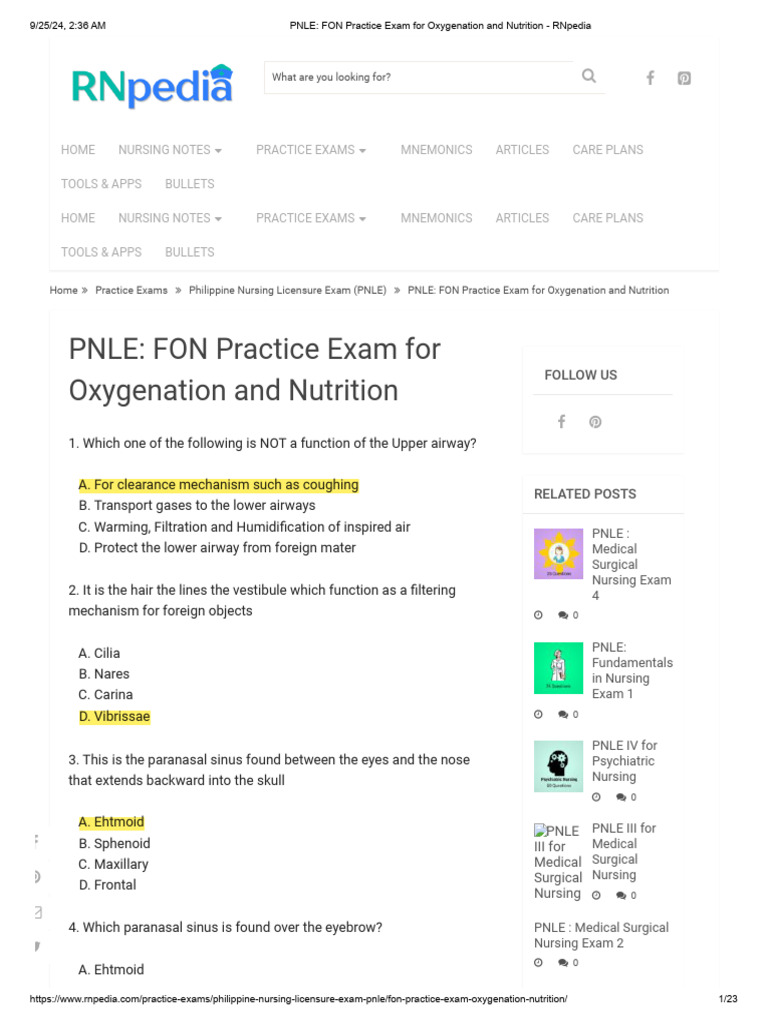 PNLE - FON Practice Exam For Oxygenation and Nutrition RNpedia | PDF ...
