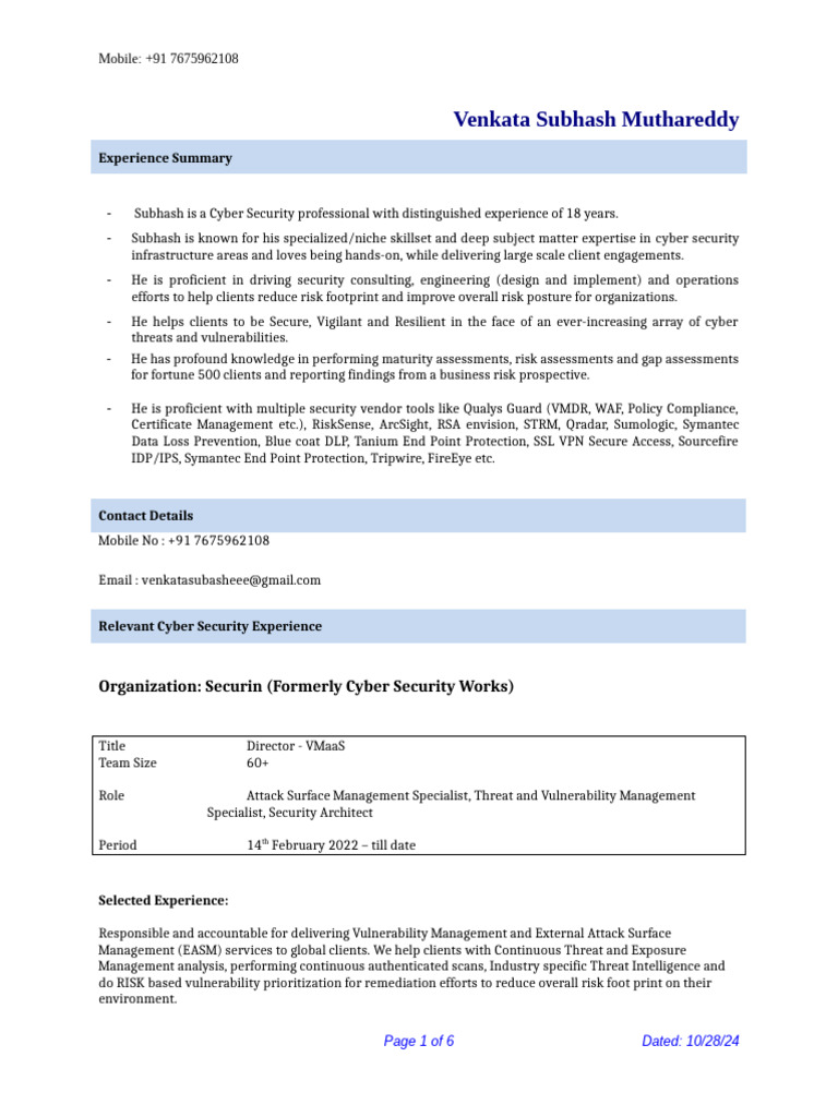 CV - Venkata Subhash Muthareddy | PDF | Security | Computer Security