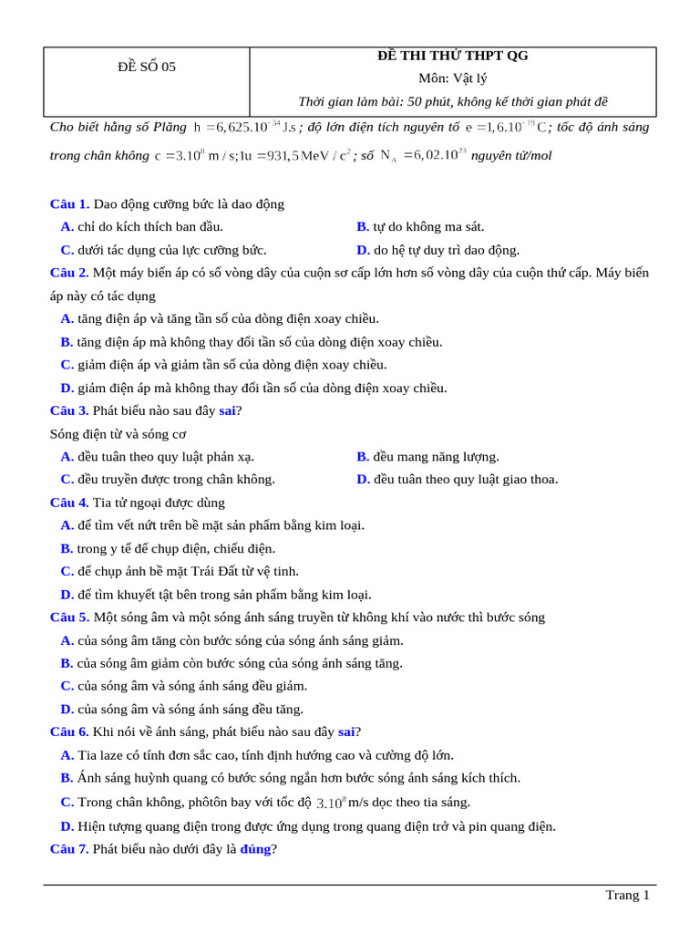 Đề Thi Thử THPT QG 2020 - Vật Lý - Penbook - Đề 05- Có Lời Giải | PDF