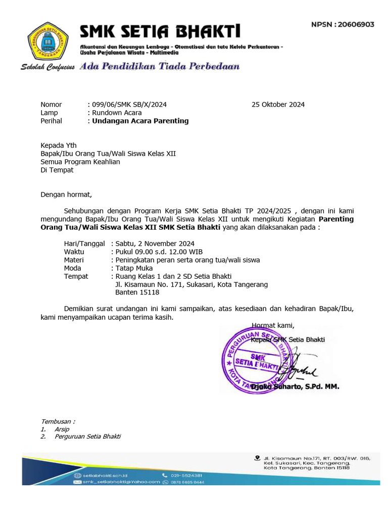 Undangan Parenting Kelas XII SMK 2024 | PDF
