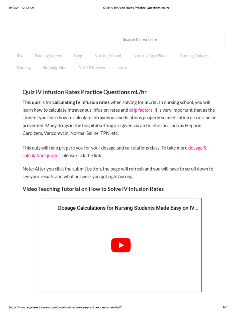 Quiz IV Infusion Rates Practice Questions mL_hr | PDF | Intravenous ...