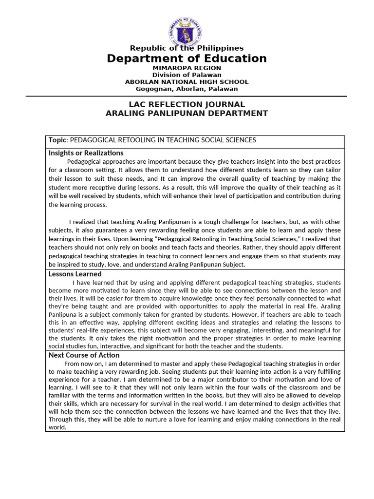Apan Lac Reflection Journal | PDF | Teachers | Pedagogy