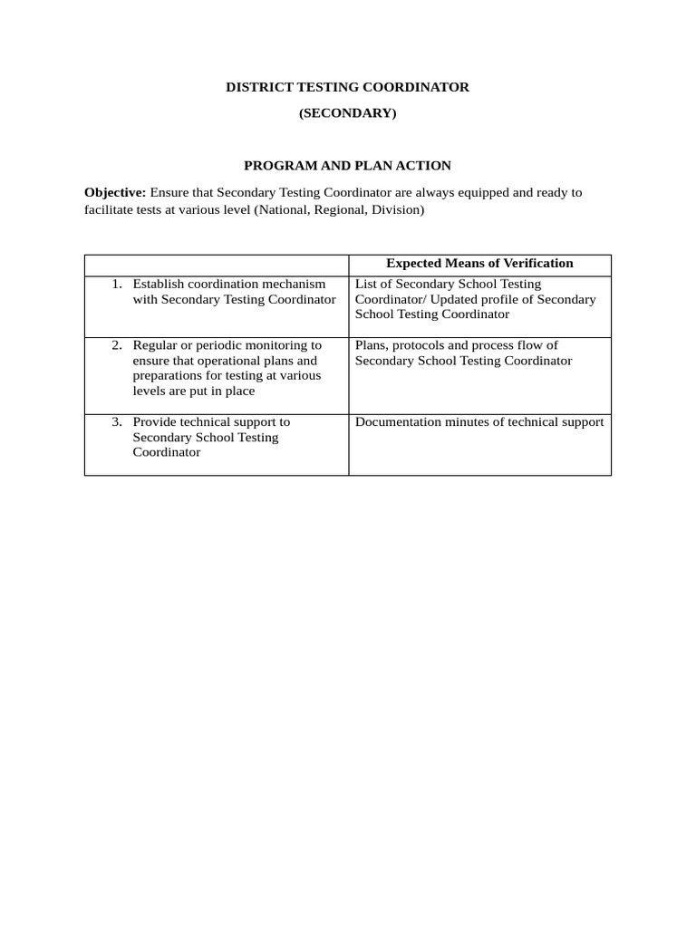Secondary Testing Coordinator Action Plan | PDF