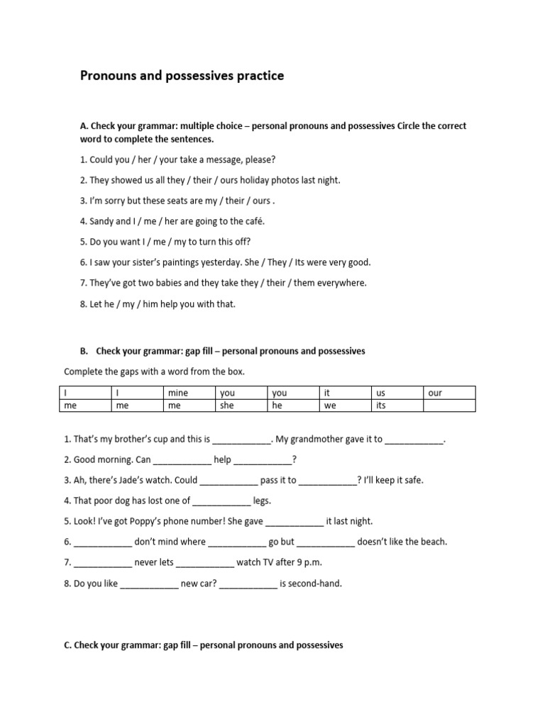 Pronouns and Possessives Practice | PDF | Languages | Foreign Language Studies