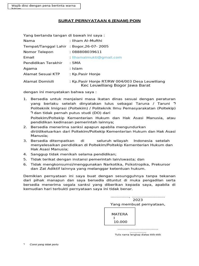 V - 1 Format Surat Pernyataan Ilham | PDF