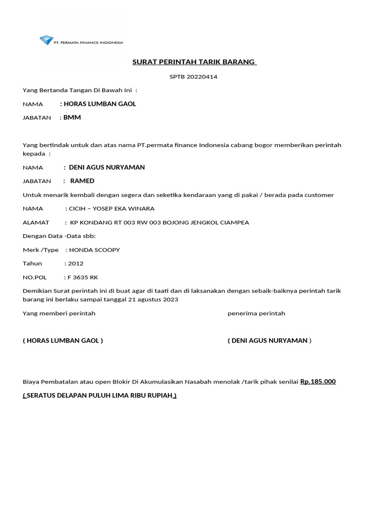 Surat Perintah Tarik Barang | PDF | Hukum | Teknologi & Rekayasa