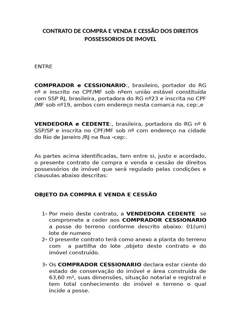 CONTRATO CESSÃO E VENDA DE IMOVEL exemplo | PDF | Direito Comum ...