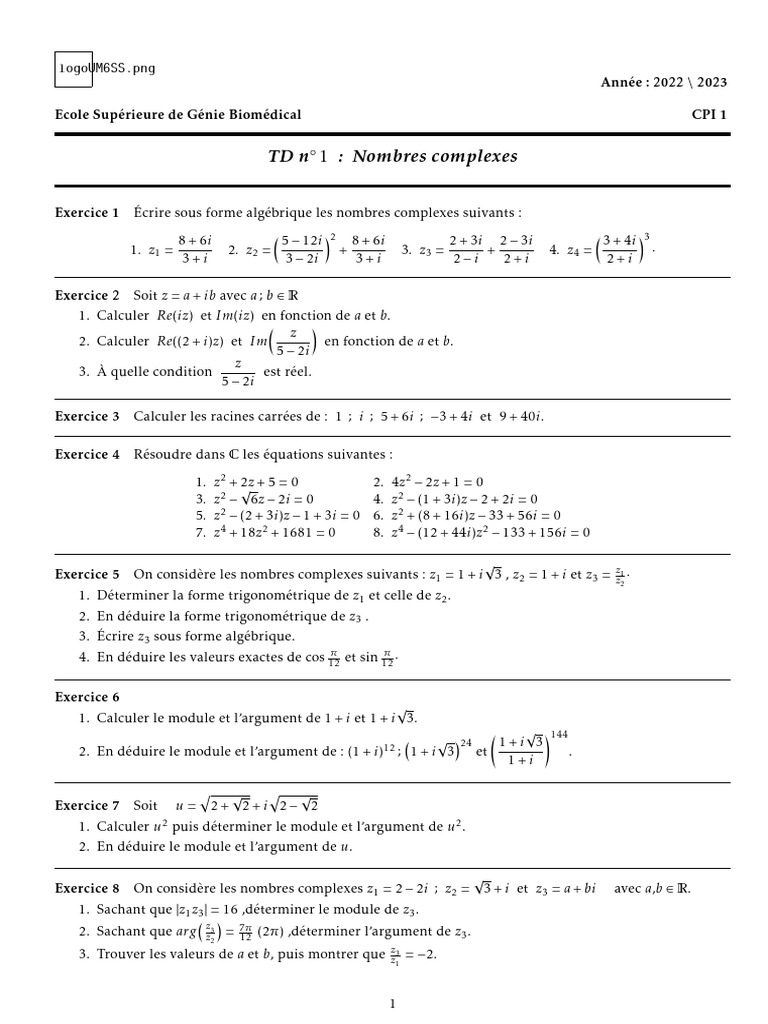 TD Nombres - Complexes | PDF | Nombre complexe | Mathématiques élémentaires
