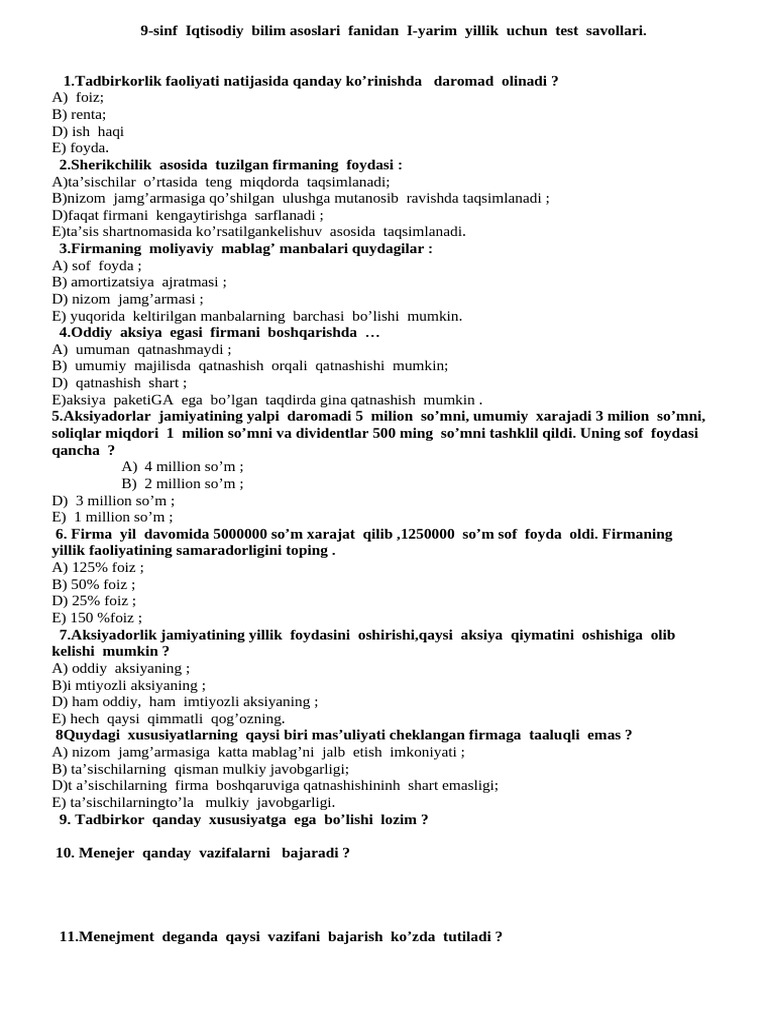 8 9 Sinf Huquq Va Iqtisod Test WWW - Sadikov.uz | PDF