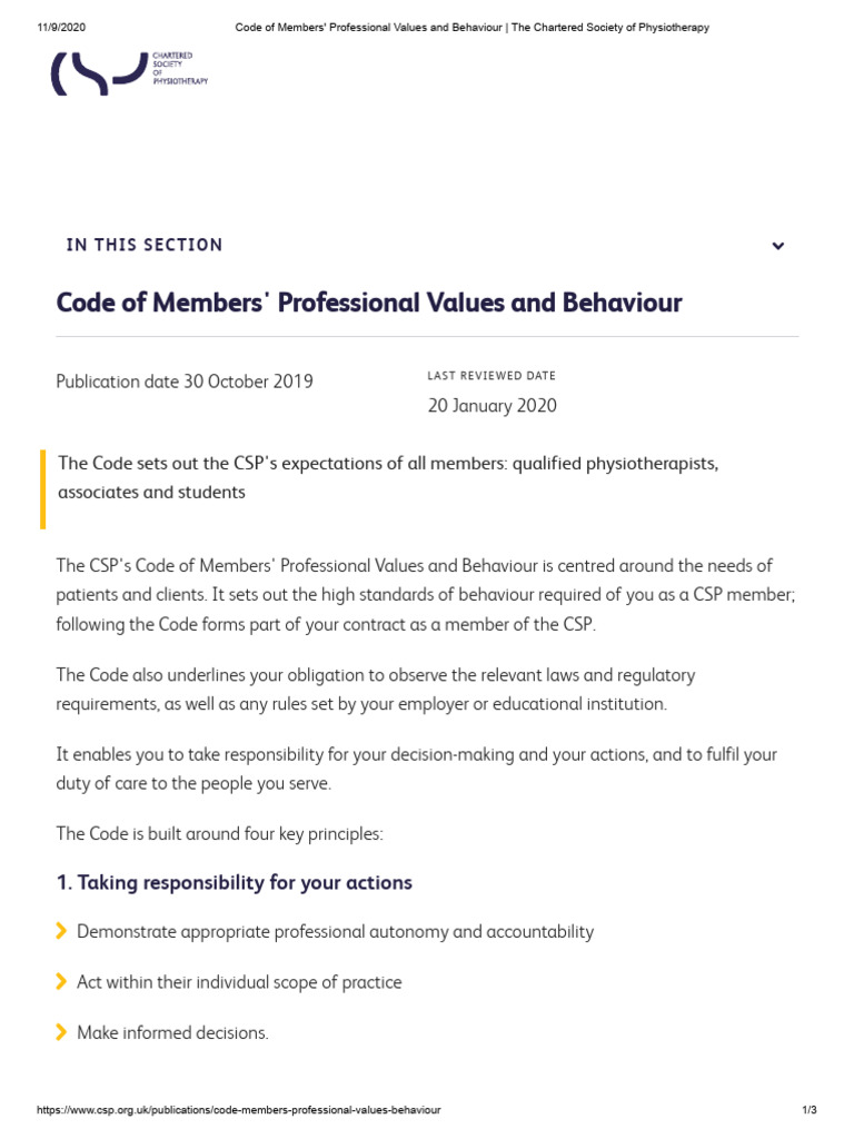 Code of Members Professional Values and Behaviour _ The Chartered Society of Physiotherapy 2020 ...