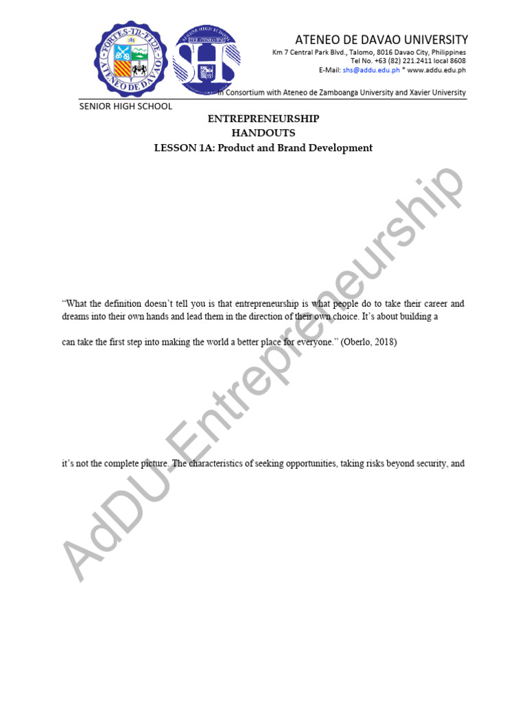 Entrep Handouts 1A Product and Brand Devt | PDF | Entrepreneurship | Swot Analysis
