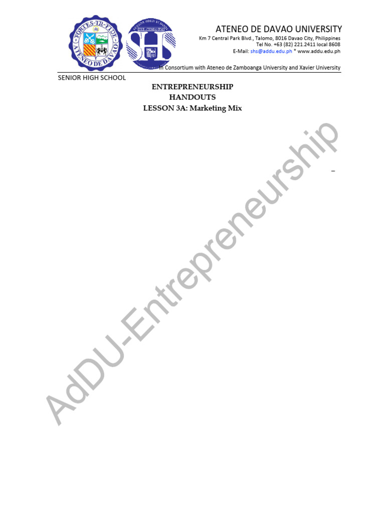 Entrep Handouts 3A Marketing Mix | PDF | Supply Chain Management | Brand