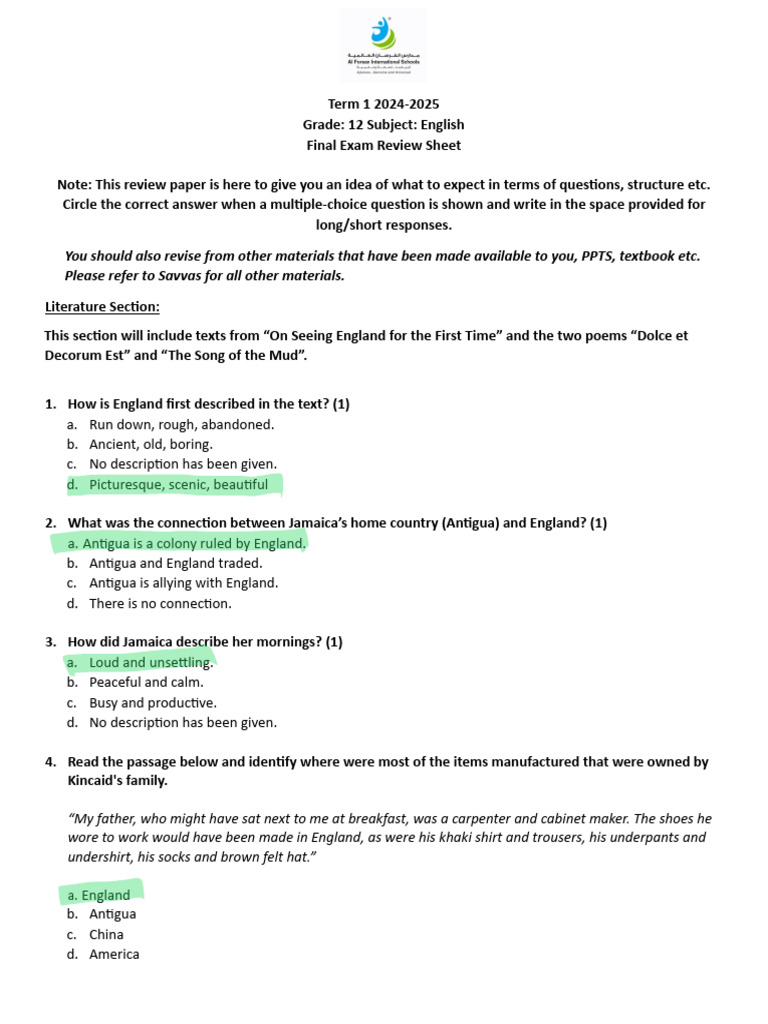 Grade 12 Review Paper T1 | PDF | Poetry