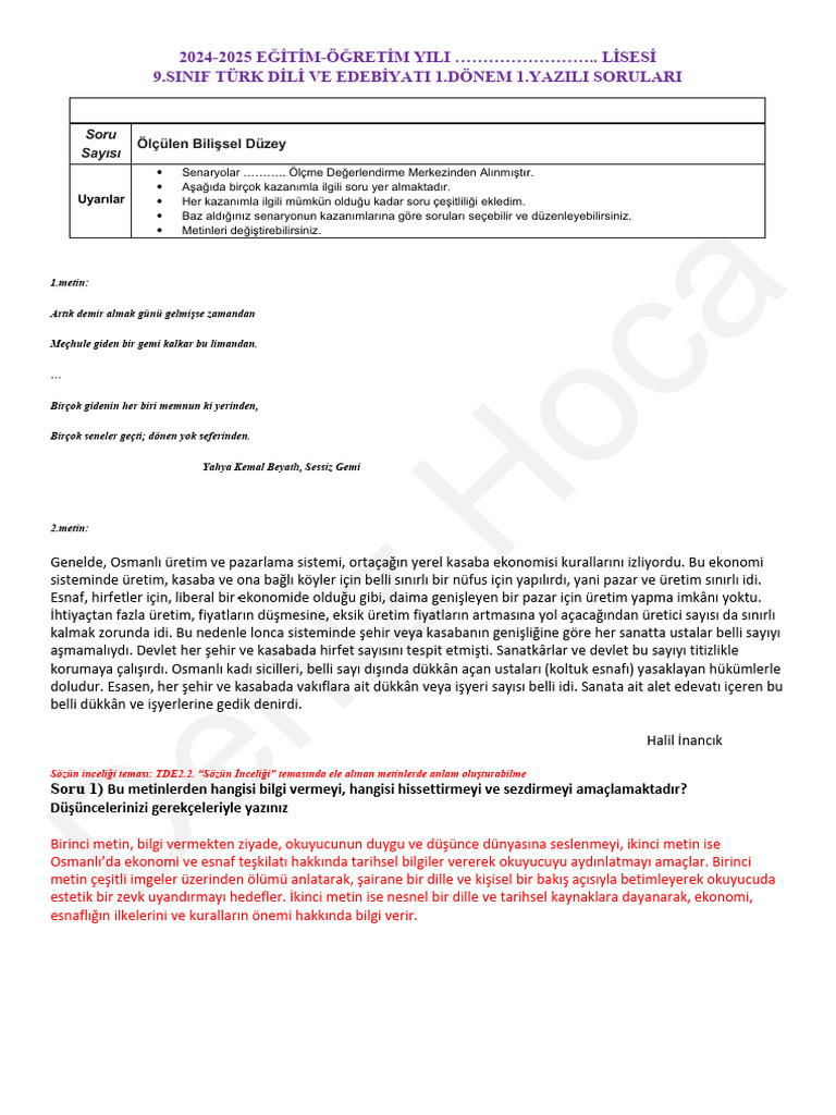 9.sınıf TDE 1.dönem 1.yazılı Soruları Ve Cevapları 2025 | PDF