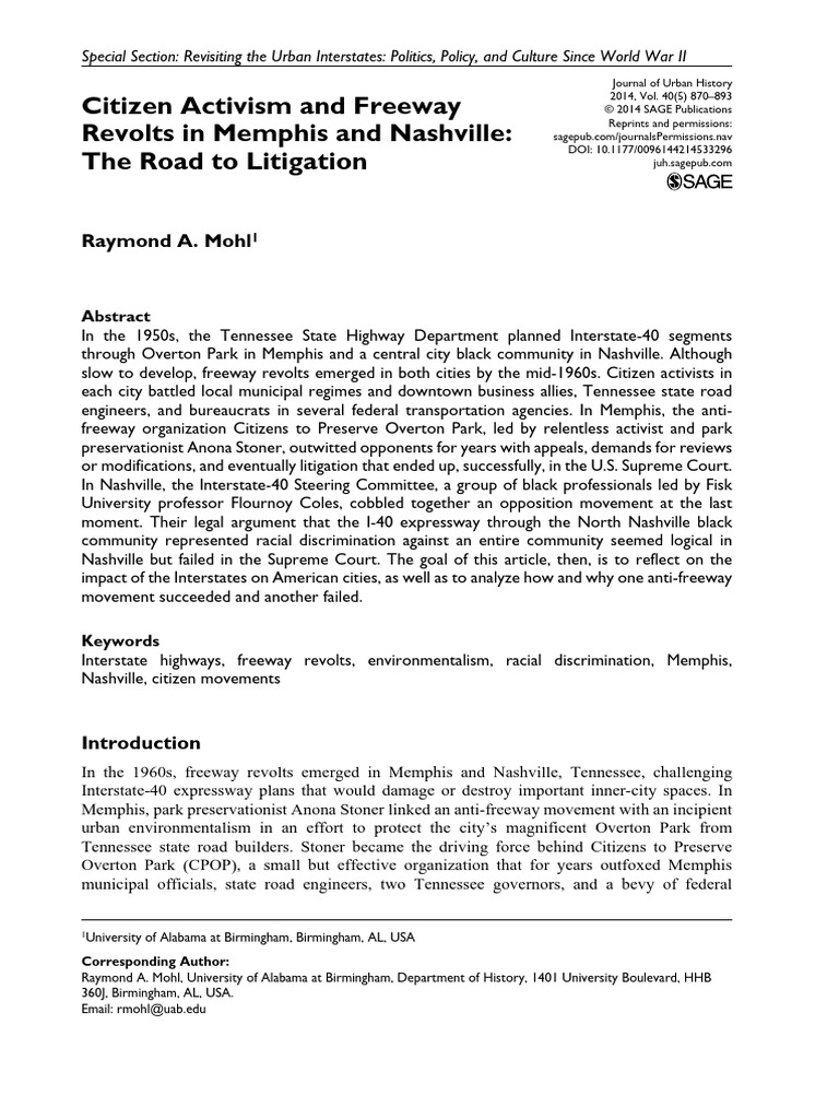 Citizen Activism and Freeway Revolts in Memphis and Nashville | PDF ...