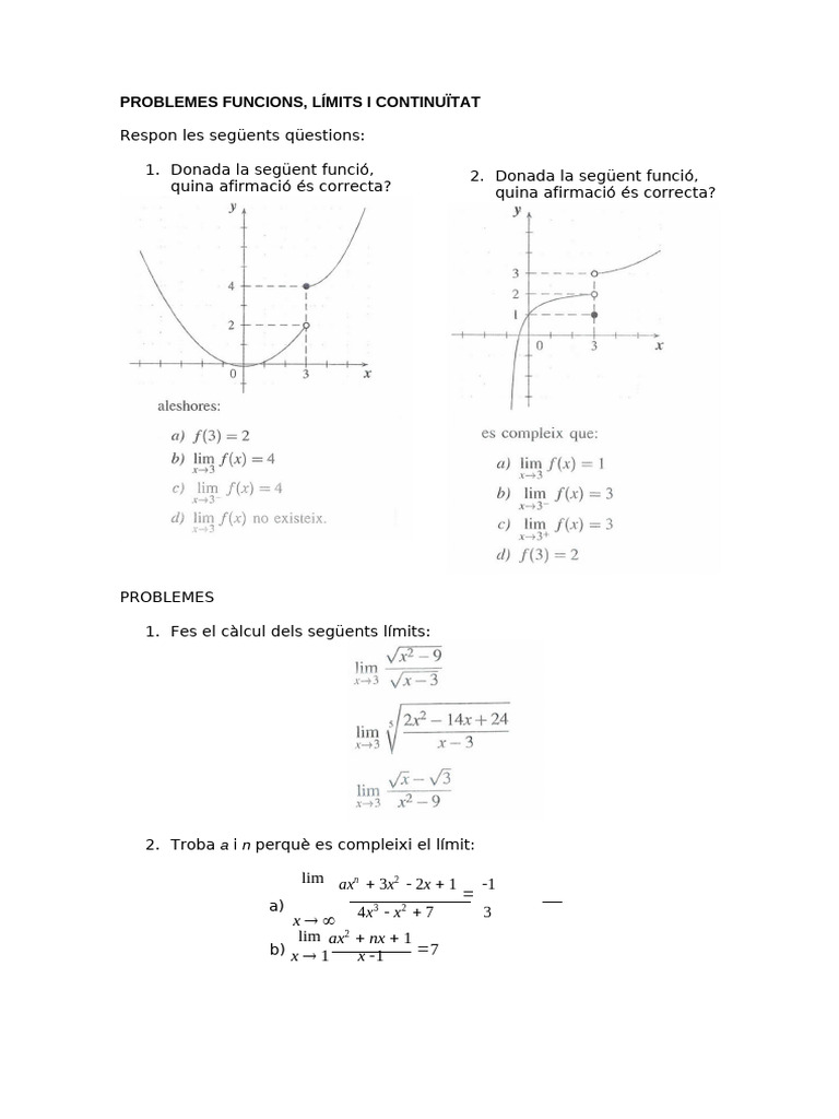 Problemes Funcions, Límits I Continuïtat | PDF