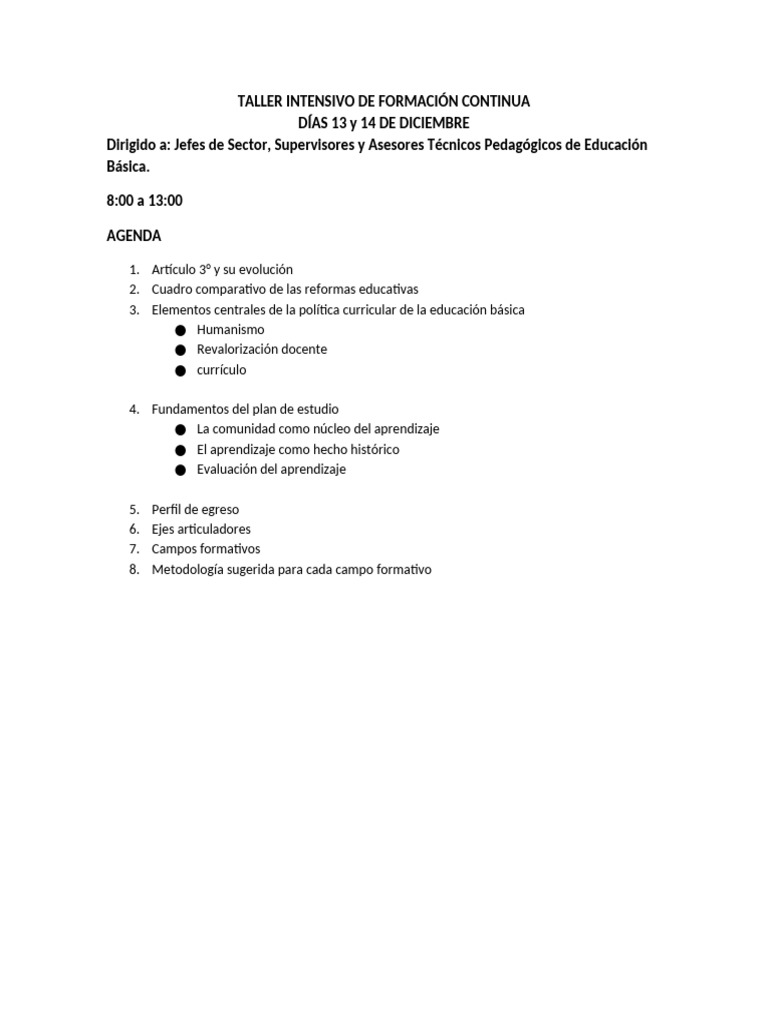 Agenda Taller Intensivo | PDF | Plan de estudios | Aprendizaje