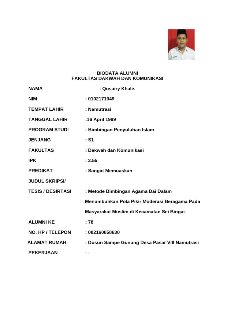 Form Biodata Alumni (Qusairy Khalis) | PDF | Kesehatan Holistik