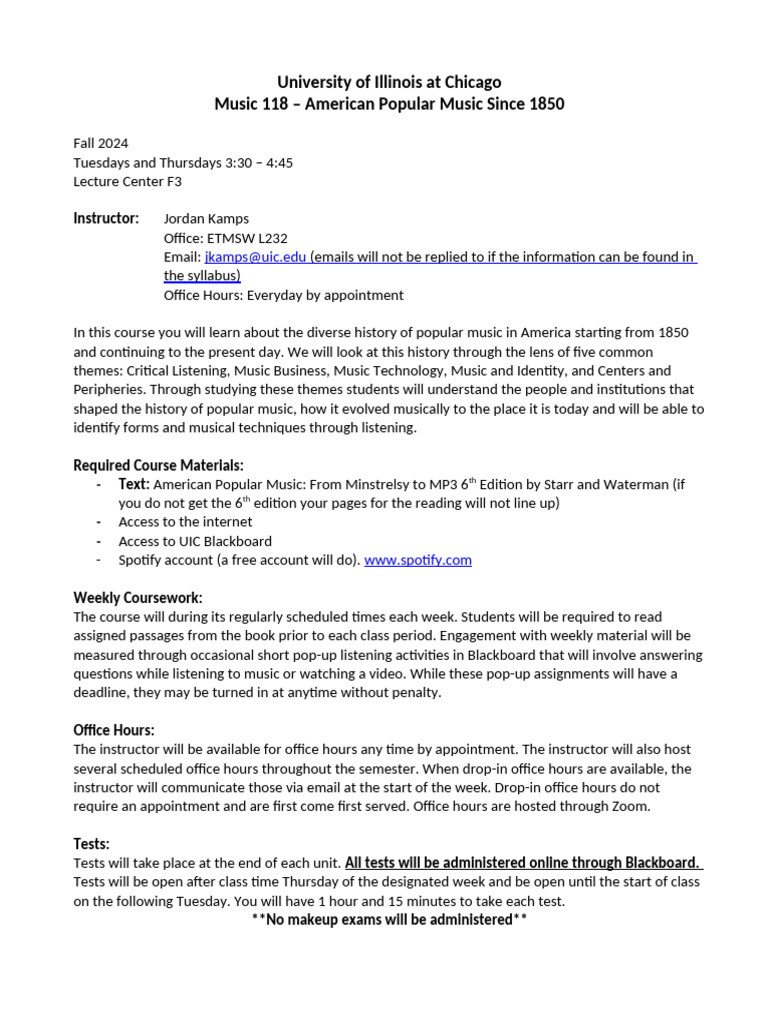 Music 118 Syllabus - UIC Fall 2024 | PDF | Rock Music | Academic Term