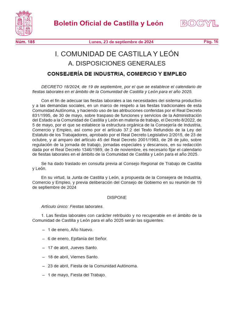 BOCYL-Festivos CyL | PDF | Empleo | Gobierno