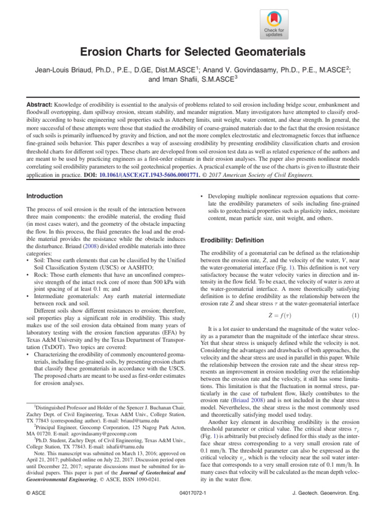 Briaud Et Al 2017 Erosion Charts For Selected Geomaterials | PDF | Soil ...