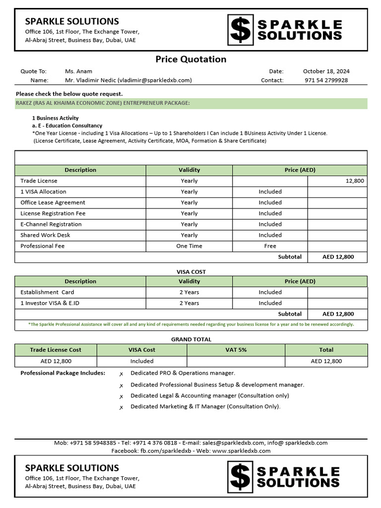 RAKEZ Freezone Cost Analysis For Ms. Anam | PDF | Travel Visa RAKEZ Freezone Cost Analysis For Ms. Anam | PDF | Travel Visa
