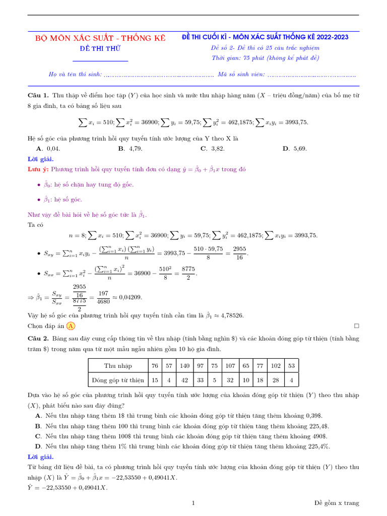 Hướng Dẫn Đề Thi Mẫu XSTK - Đề 2 - HK3 - 2023 | PDF