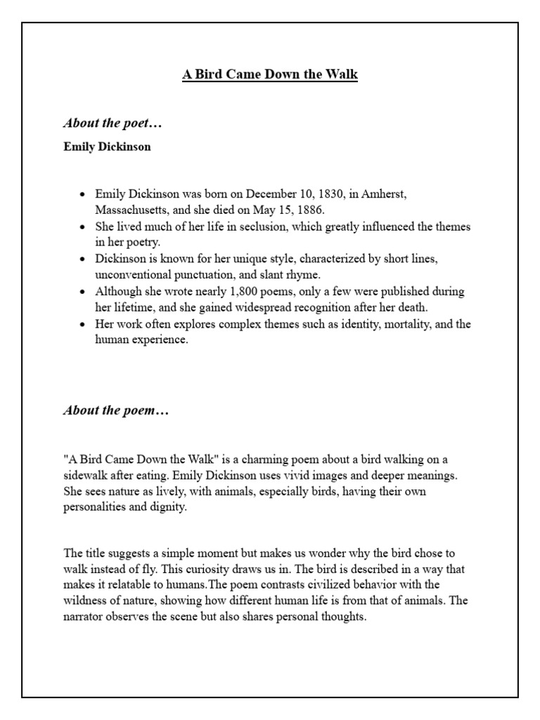 Analysis of "A Bird Came Down the Walk" | PDF | Emily Dickinson
