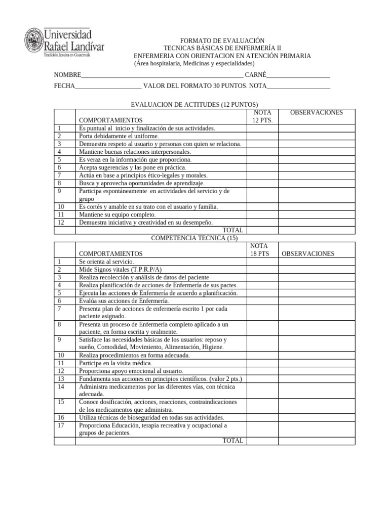 Formato de Eval, Tecnicas Basicas Ii | PDF | Enfermería | Medicina