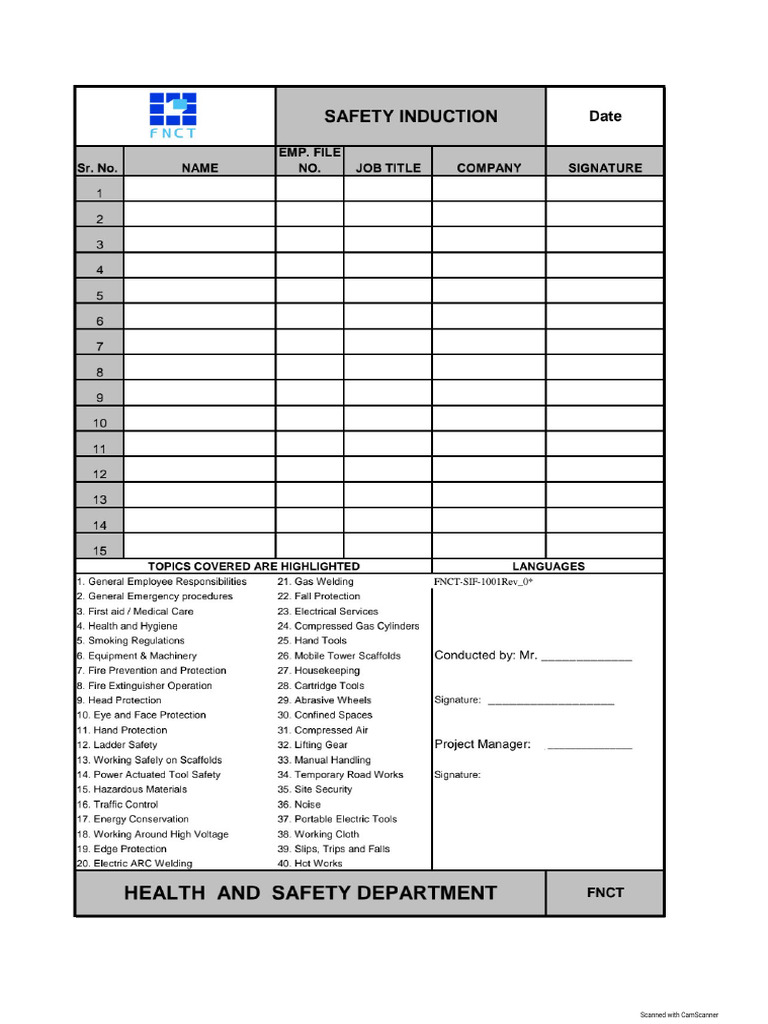 1001 Safety Induction Form | PDF