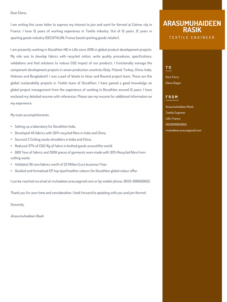 Cover Letter - Arasumuhaideen | PDF | Textiles | Textile Manufacturing