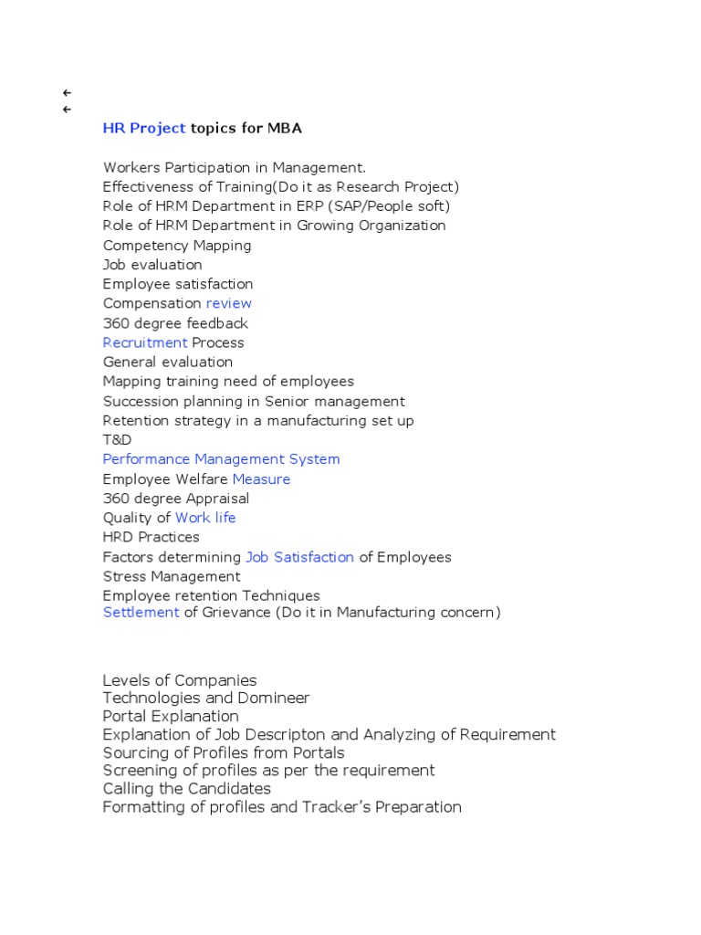 HR Project Topics For MBA | PDF