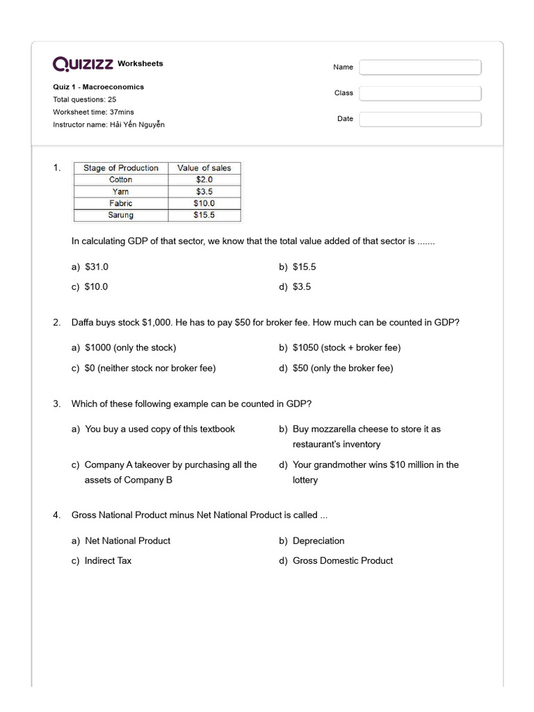 Quiz 1 - Macroeconomics - Quizizz | PDF | Gross Domestic Product ...