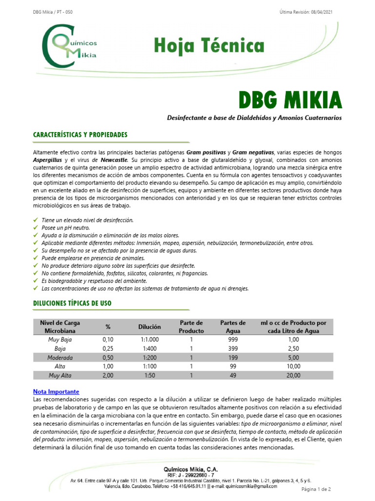 DBG Mikia - Hoja Técnica | PDF | Agua | Antimicrobiano