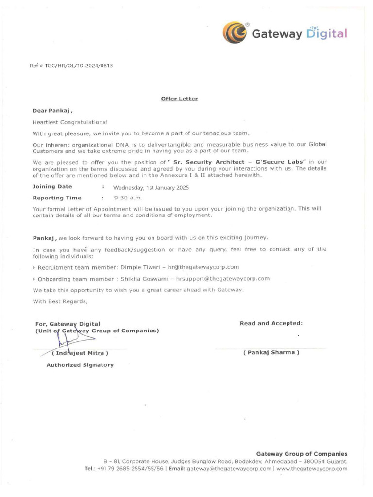 Offer Letter of Pankaj | PDF
