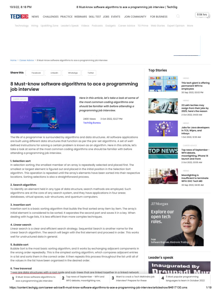 8 Must-Know Software Algorithms To Ace A Programming Job Interview - TechGig | PDF | Dynamic ...
