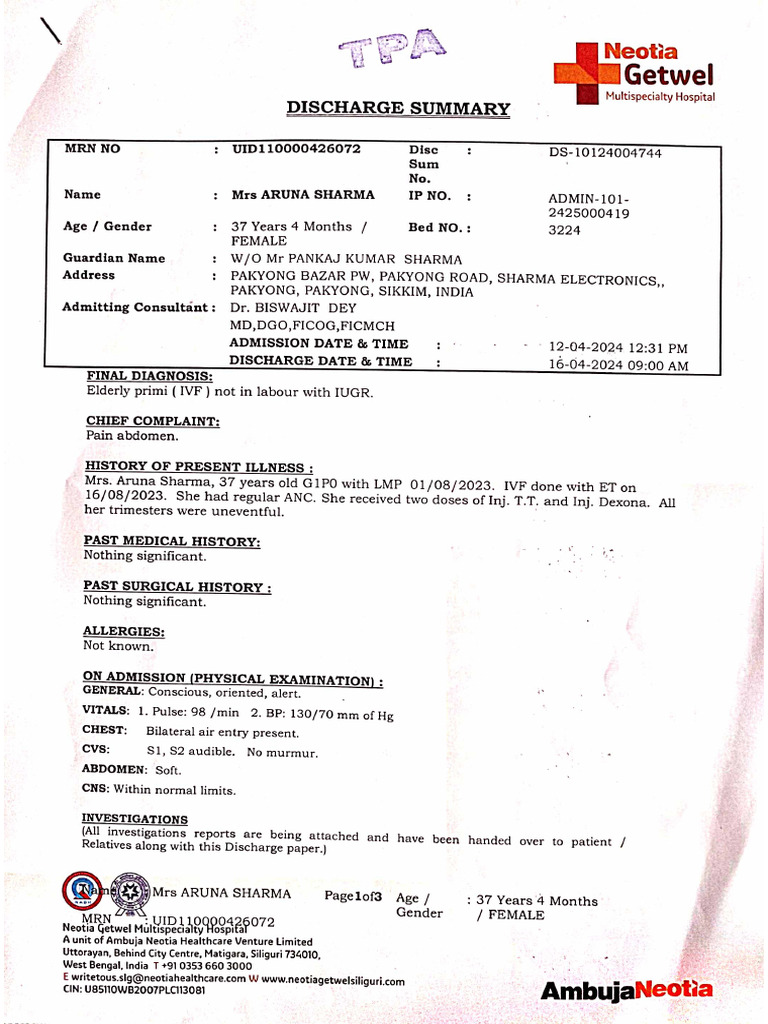 Aruna Maternity Summary | PDF