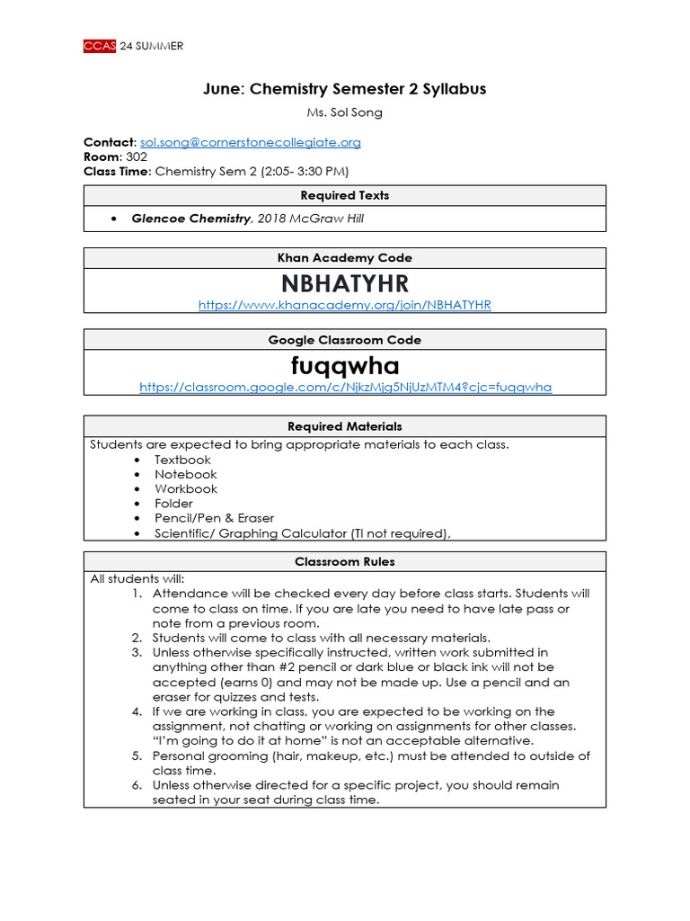 CCAS - 2024 Summer Syllabus Sem 2 Chemistry | PDF | Molecules | Chemical Bond