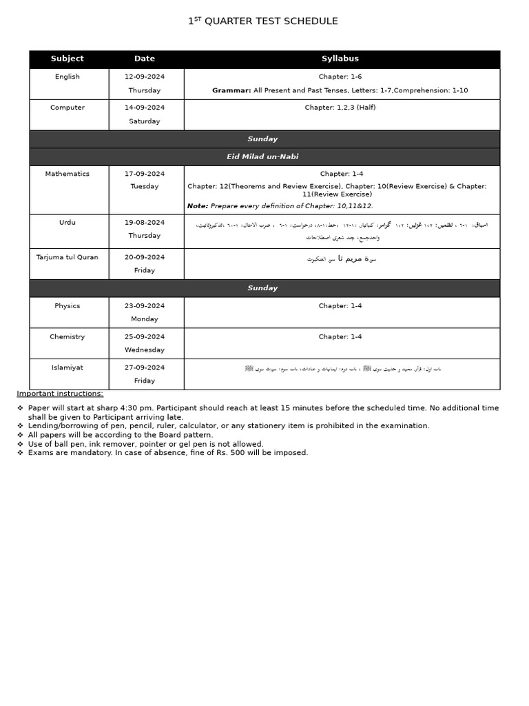 1ST Quarter Test Schedule | PDF