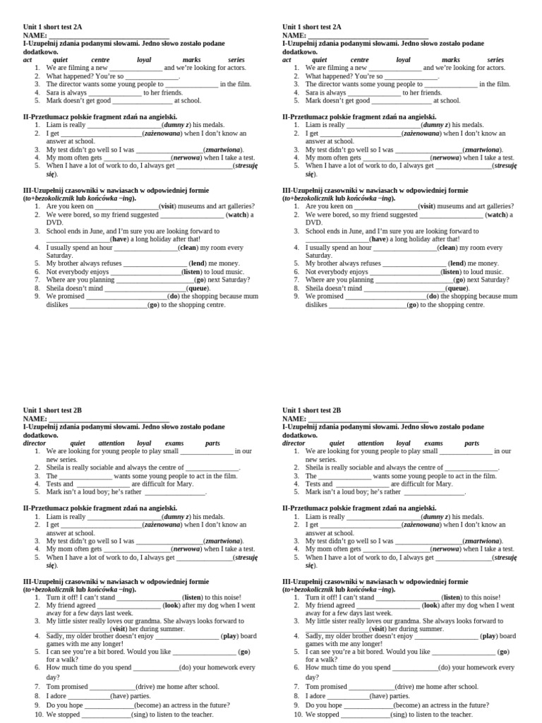 Unit 1 Short Test 2AB | PDF