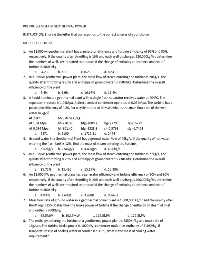 Ppe Problem Set - Geothermal | PDF | Steam | Power Station