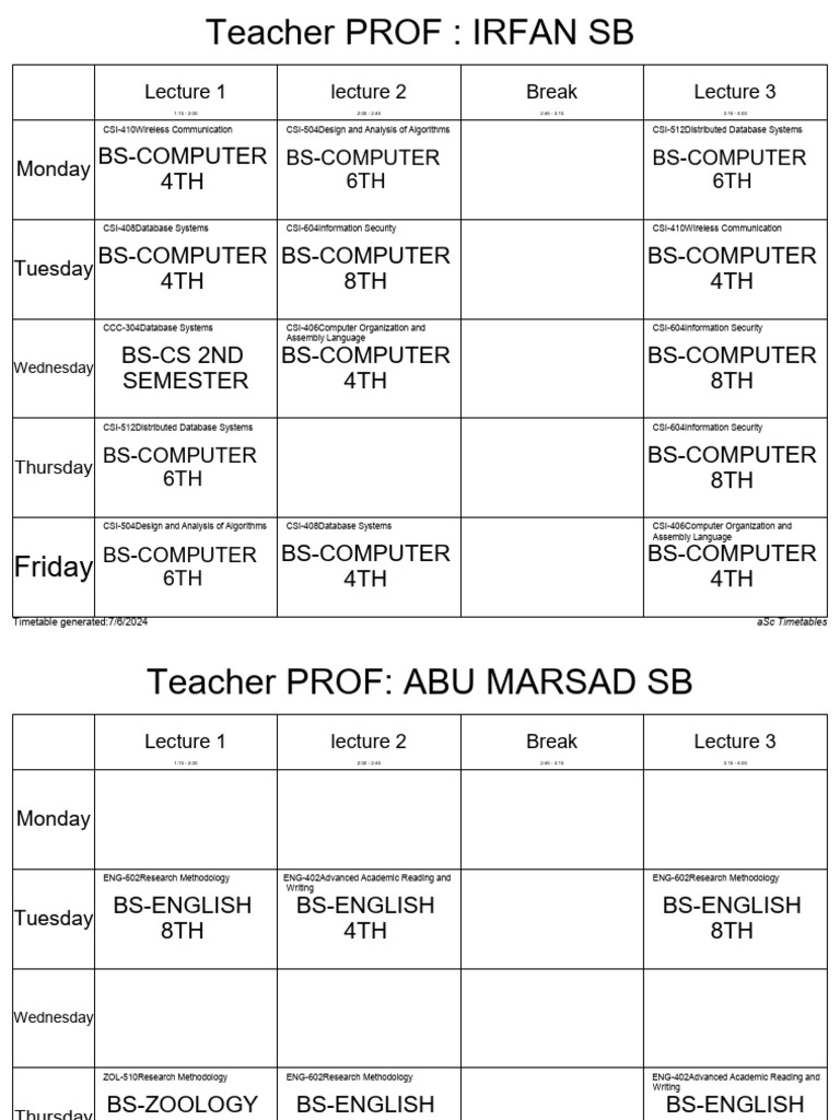 Teacher Wise New Time Table-1 | PDF | Academic Term