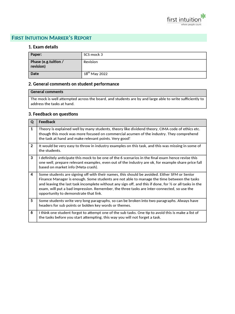 First Intuition Mock Exam Feedback | PDF | Business